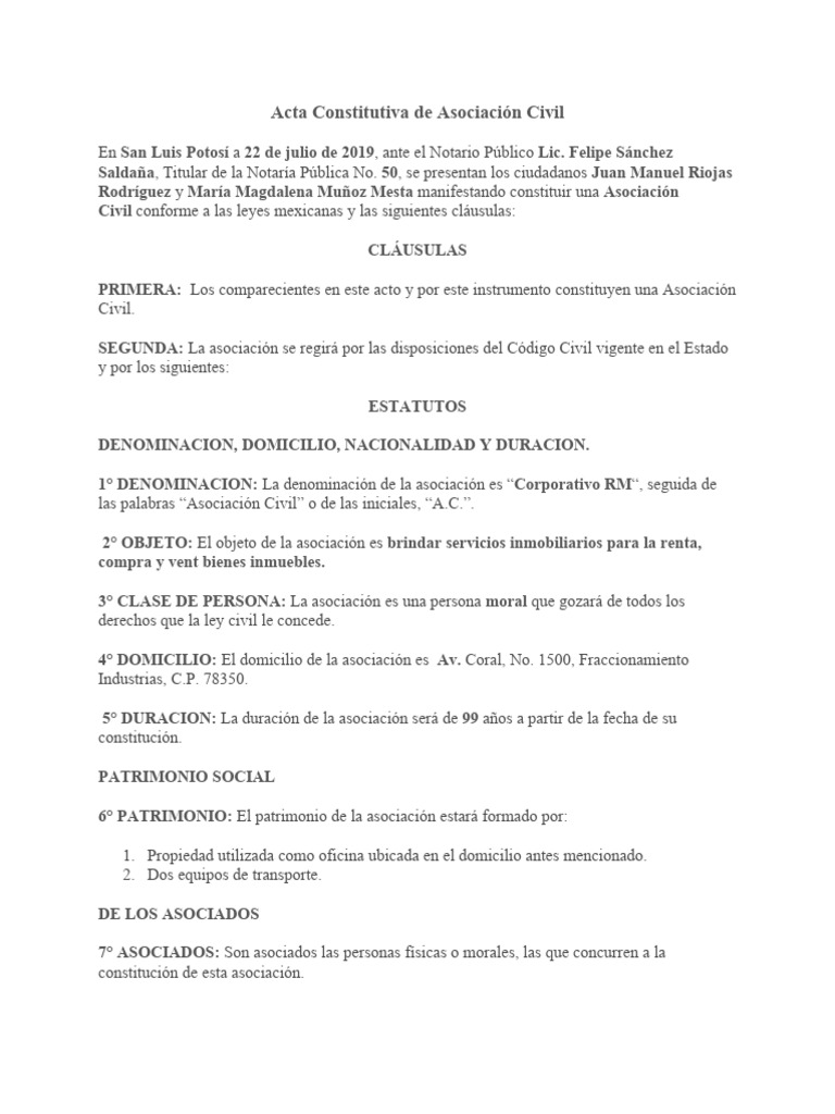 Acta Constitutiva de Asociación Civil | PDF | Derecho