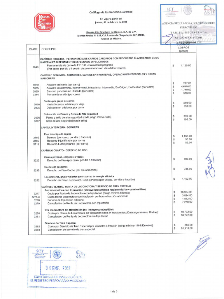 Catálogo de Los Servicios Diversos KCSM 2018 en Vigor Desde 1 Febrero | PDF