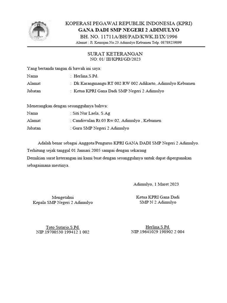 Surat Keterangan Anggota Koperasi | PDF