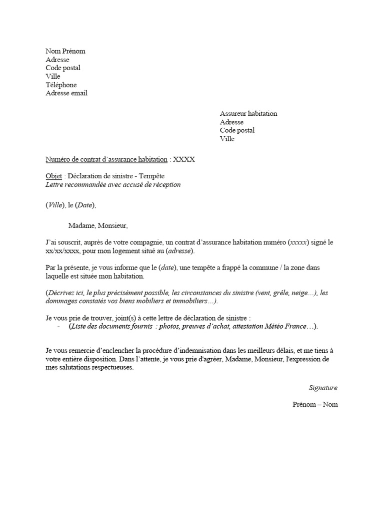 Modele Lettre Declaration Sinistre Tempete 1 | PDF Modele Lettre Declaration Sinistre Tempete 1 | PDF