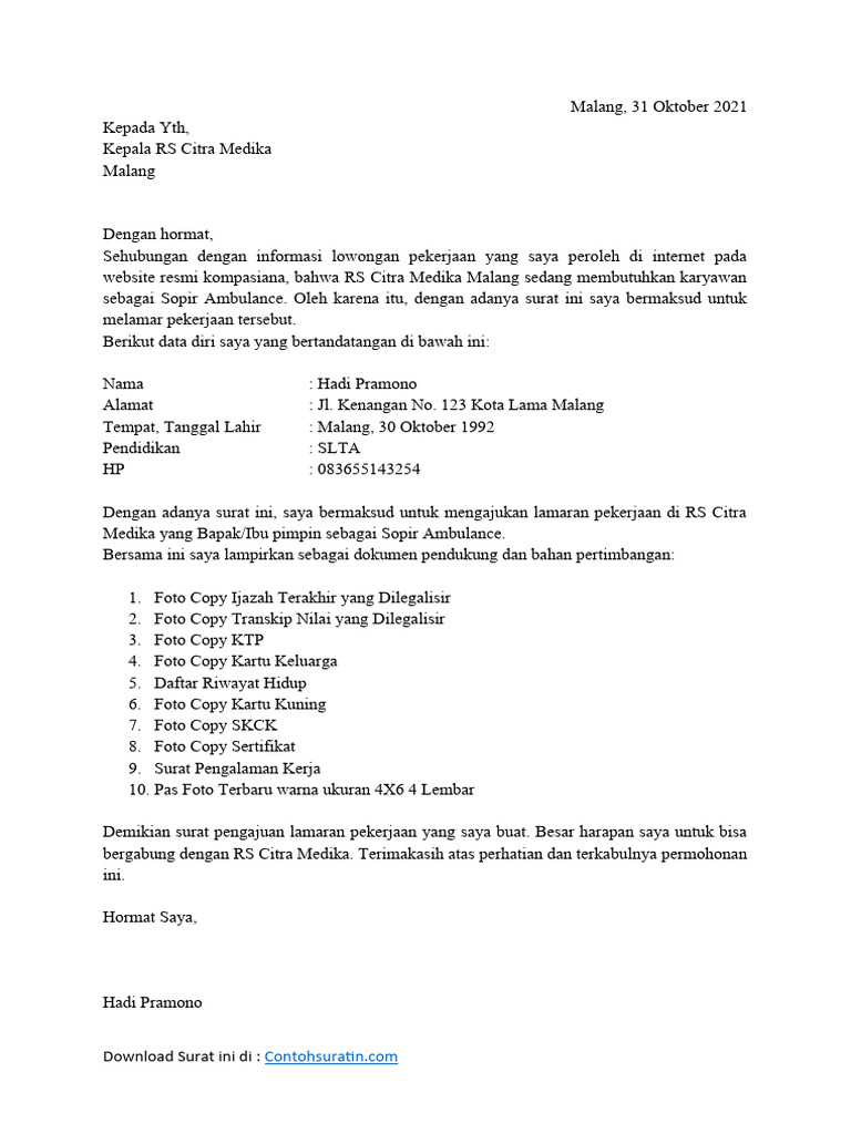 3 - Contoh Surat Lamaran Kerja Sopir Driver Ambulance | PDF