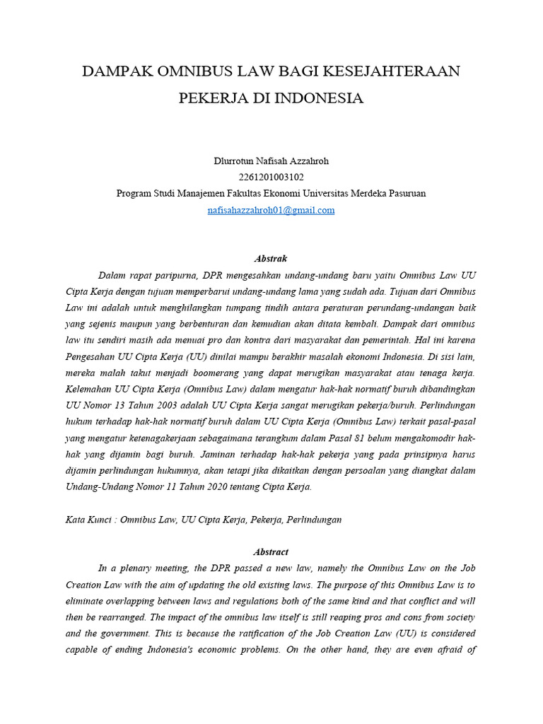 Dampak Omnibus Law Bagi Kesejahteraan Pekerja Di Indonesia Pdf