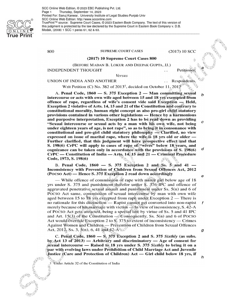 Independent Thought v. Union of India, (2017) 10 SCC 800 Final | PDF