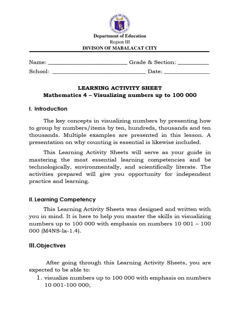 Math4 - Q1 - WK1 - Lesson 1 - Visualizing Numbers Up To 100 000-EVALUATED | PDF | Currency