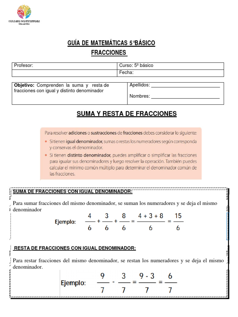 Suma y Resta de Fracciones 5º Básico | PDF | Métodos y materiales de ...