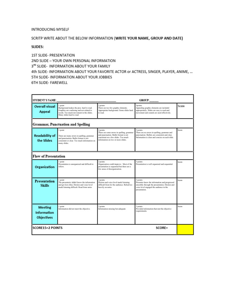 Introducing Myself Rubric | PDF | Human Communication | Writing
