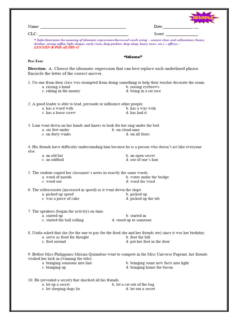 LS1 - Idioms-Worksheets | PDF | Idiom