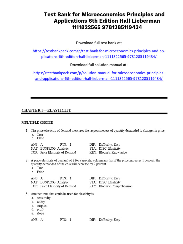Microeconomics Principles and Applications 6th Edition Hall Test Bank 1 ...