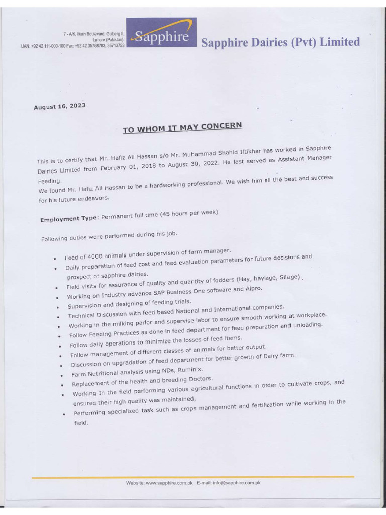 Experience Letter Sapphire Dairies | PDF
