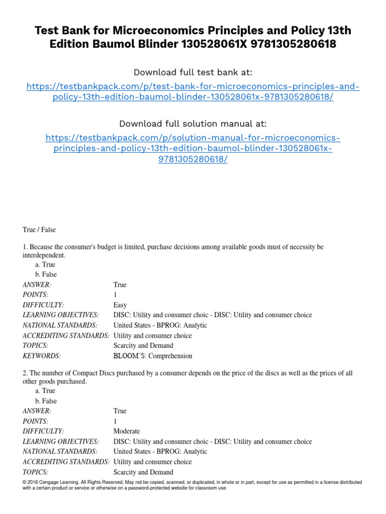 Microeconomics Principles and Policy 13th Edition Baumol Test Bank 1 | PDF