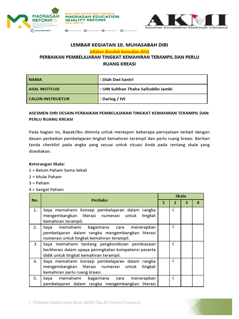 Literasi Numerasi - Hari 4. LK 10. Muhasabah Diri | PDF