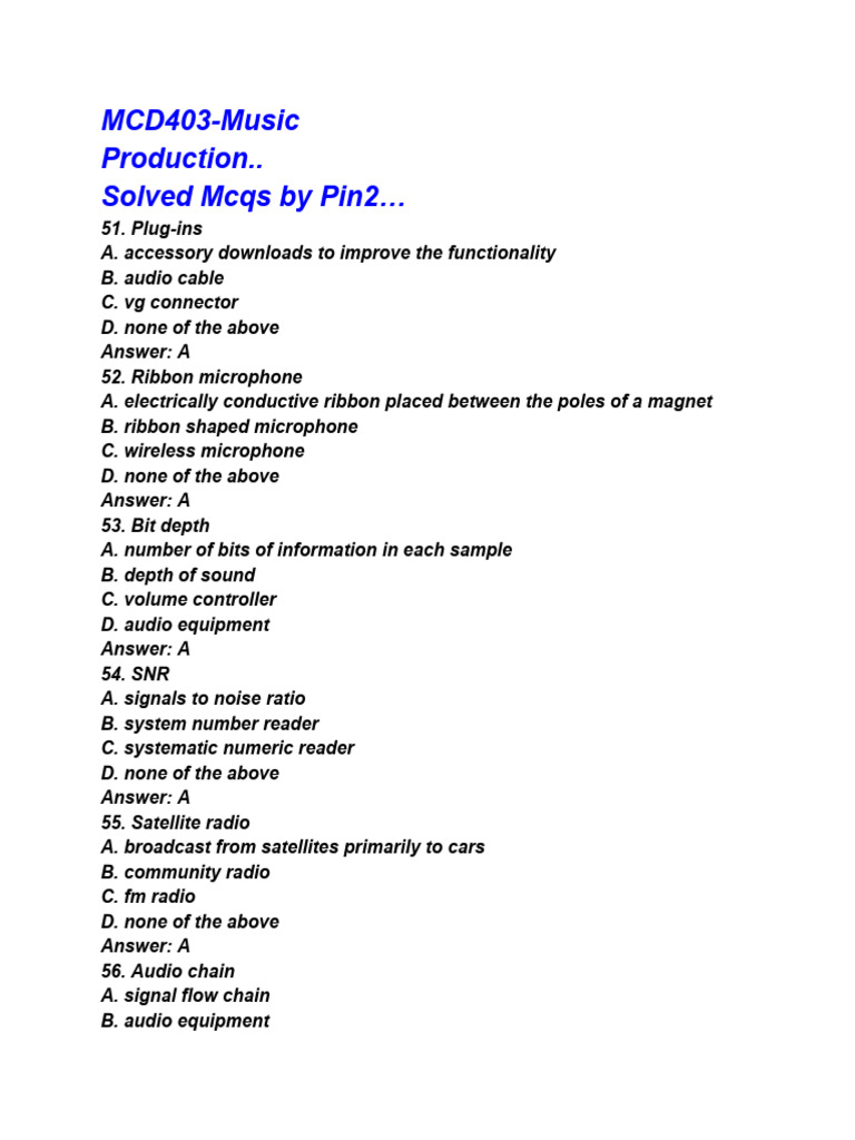 MCD403-Music Production Mcqs by Pin2 | PDF