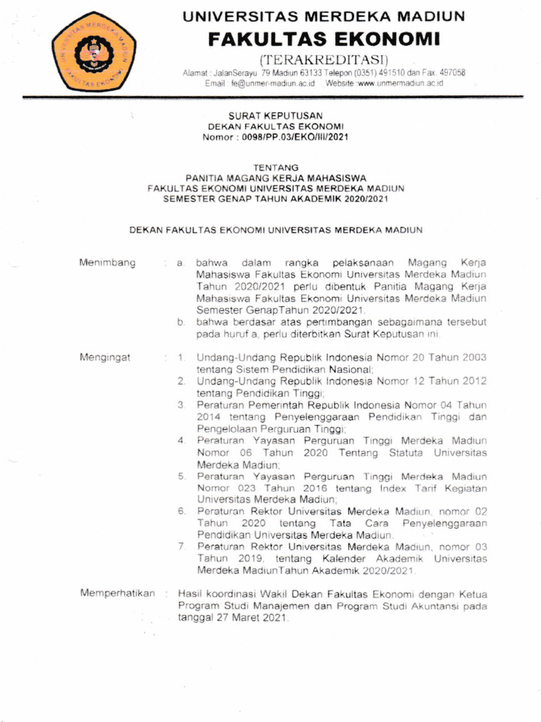 Surat Keputusan Panitia Magang | PDF | Kajian Bahasa Asing