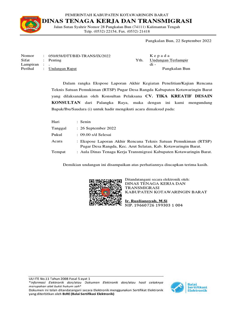 Surat Undangan Pemaparan Expose Akhir RTSP Pugar Desa Rangda | PDF