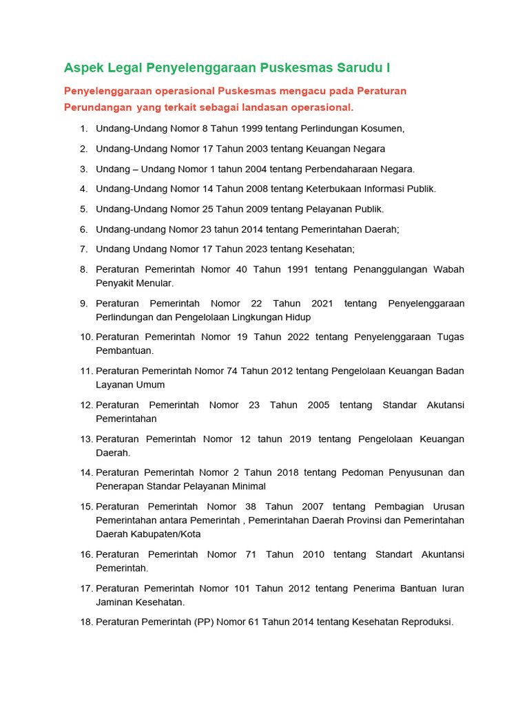 Aspek Legal Penyelenggaraan Puskesmas Sarudu I | PDF