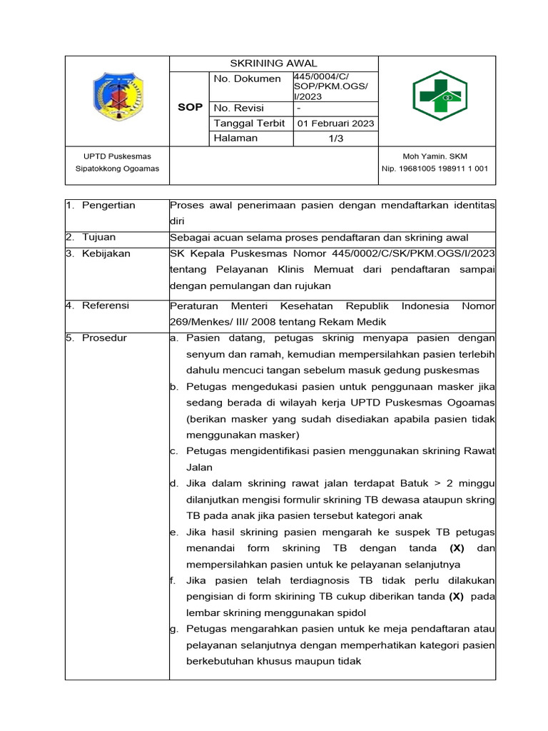 SOP Skrining Awal | PDF