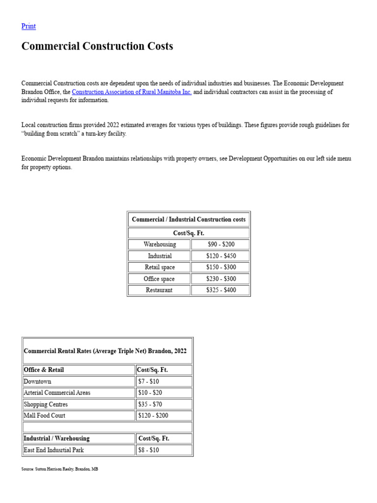 Commercial Construction Costs - Economic Development Brandon | PDF