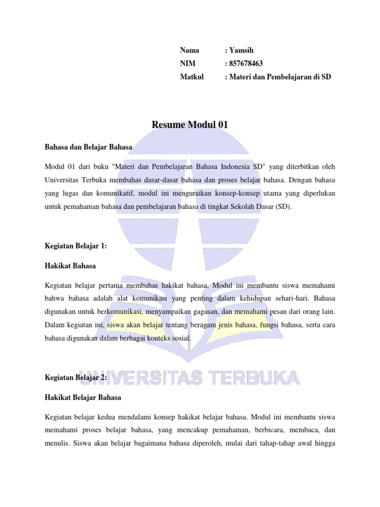 Tugas 1 Resume Matkul Materi Dan Pembelajaran Bahasa Indonesia SD Modul ...