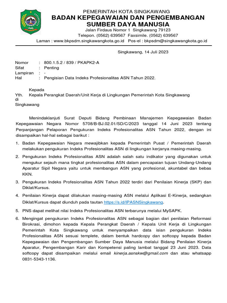 Surat Edaran Pengisian Ip Asn 2022 | PDF