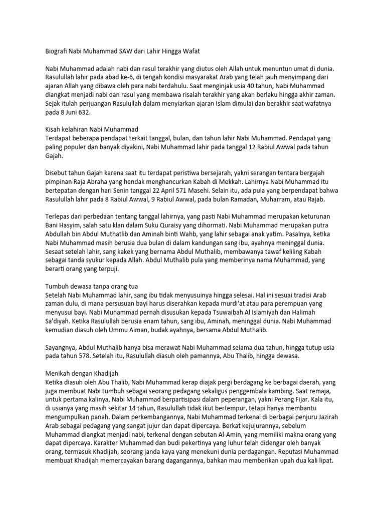 Biografi Nabi Muhammad SAW Dari Lahir Hingga Wafat | PDF