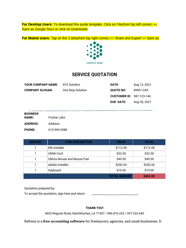 Service Quote Template Word | PDF
