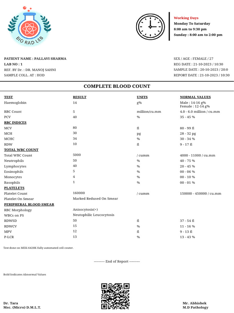CBC Report | PDF | White Blood Cell | Medicine