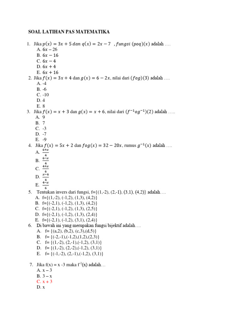 Soal Latihan Fungsi dan Invers Matematik | PDF