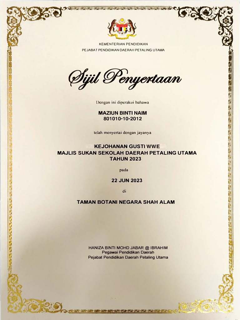 Contoh Penulisan Sijil Penyertaan Kejohanan Merentas Desa MSSD PU 2023 ...