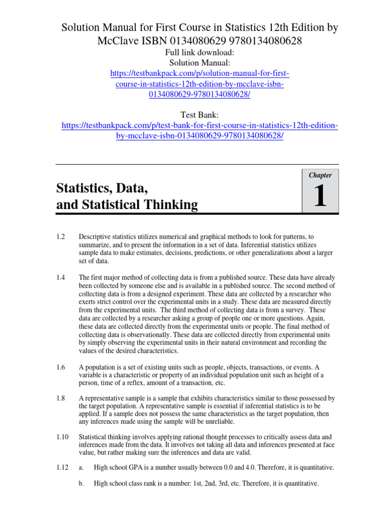 Solution Manual For First Course in Statistics 12th Edition by McClave ...