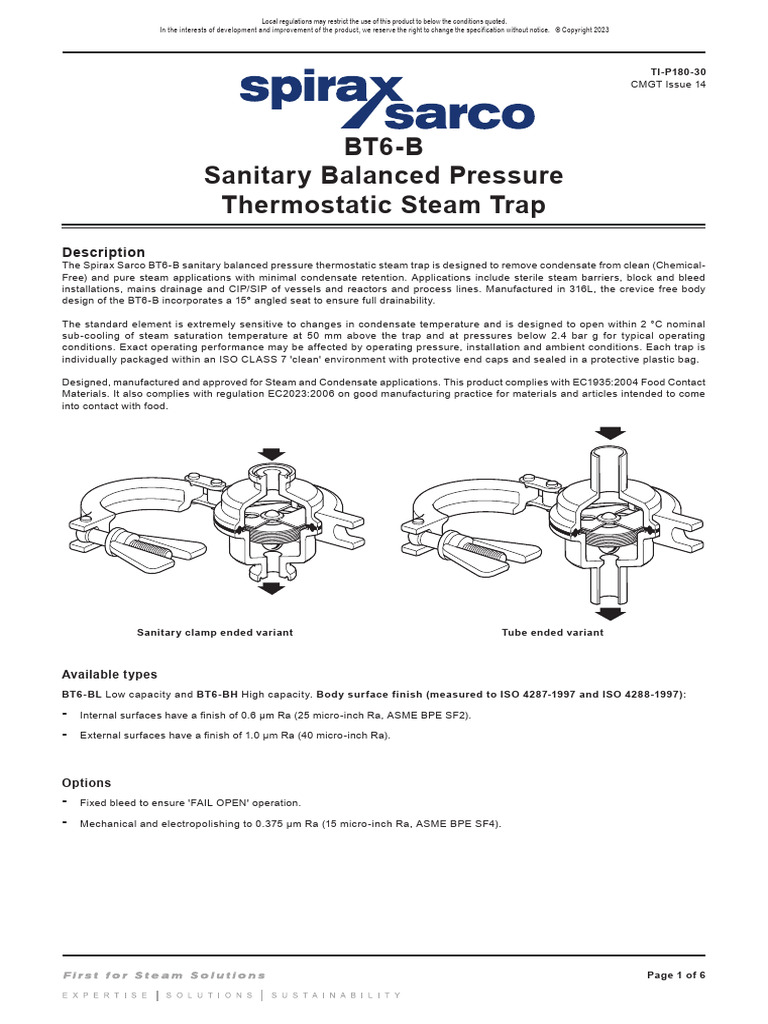 BT6-B Sanitary Balanced Pressure Thermostatic Steam Trap: Description | PDF