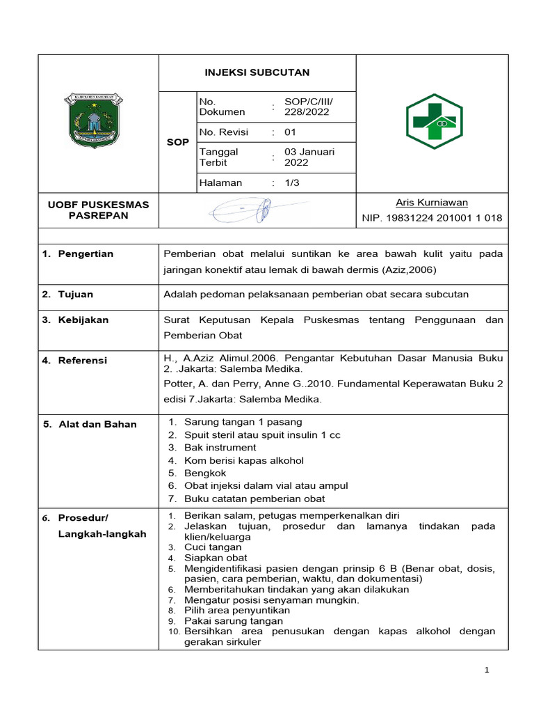 13.sop Injeksi Subcutan Fix | PDF
