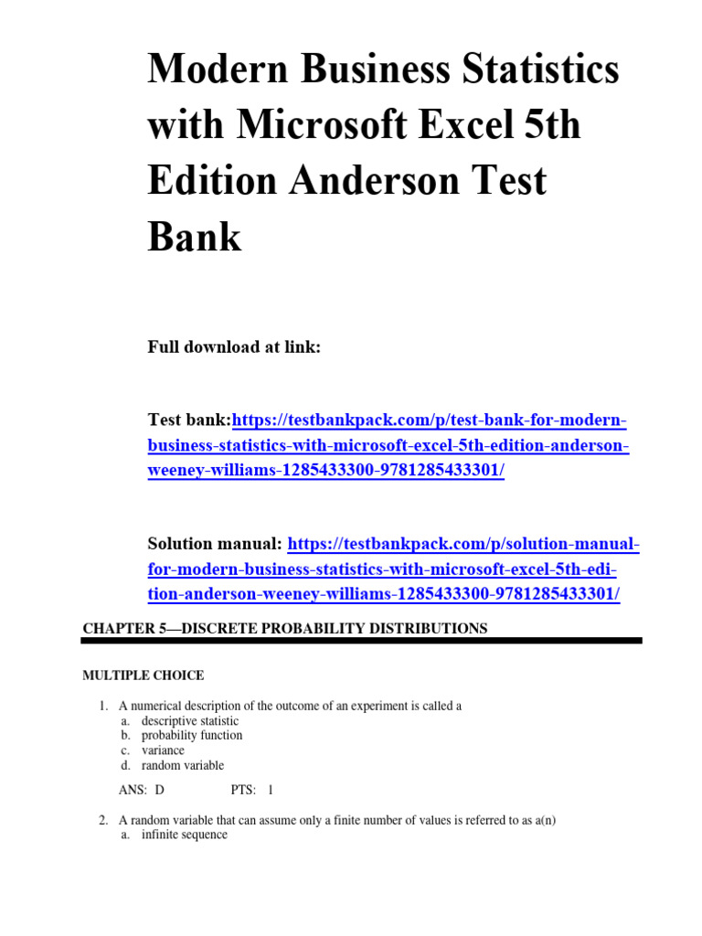 Modern Business Statistics With Microsoft Excel 5th Edition Anderson