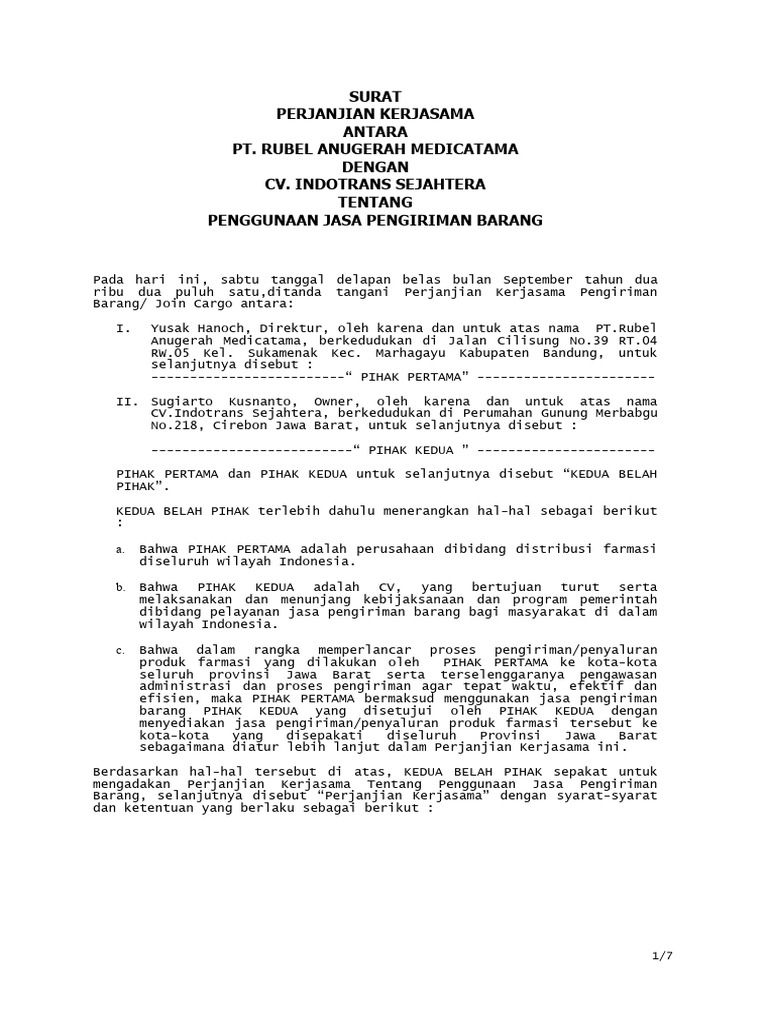 MOU Dengan CV INDOTRANS SEJAHTERA (CONTOH MOU JASA EKSPEDISI) | PDF