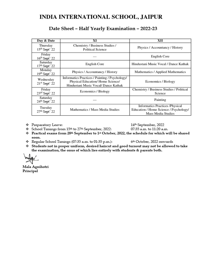 Half Yearly Examination - 2022-23 (Class XI & XII) | PDF