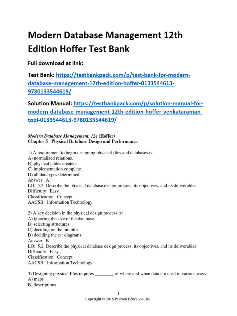 Modern Database Management 12th Edition Hoffer Test Bank 1 | PDF ...