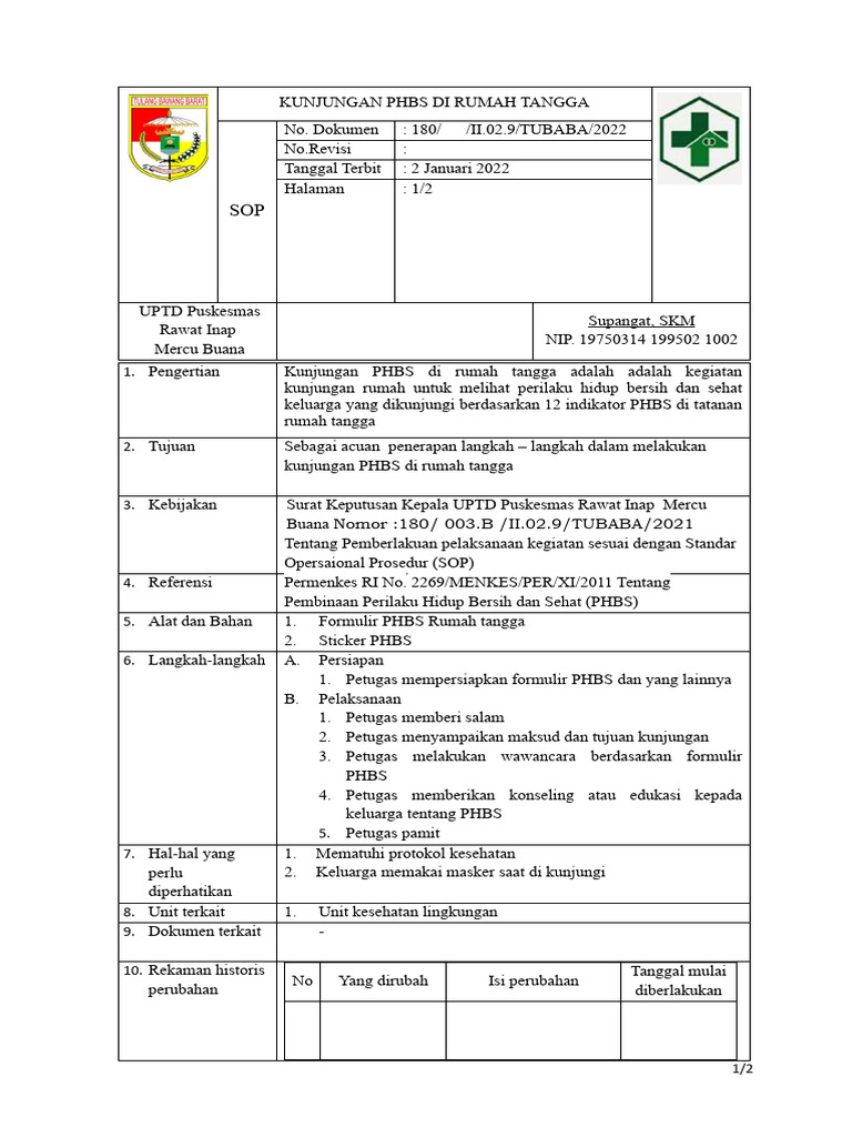 Sop Kunjungan PHBS Di Rumah Tangga 2022 | PDF