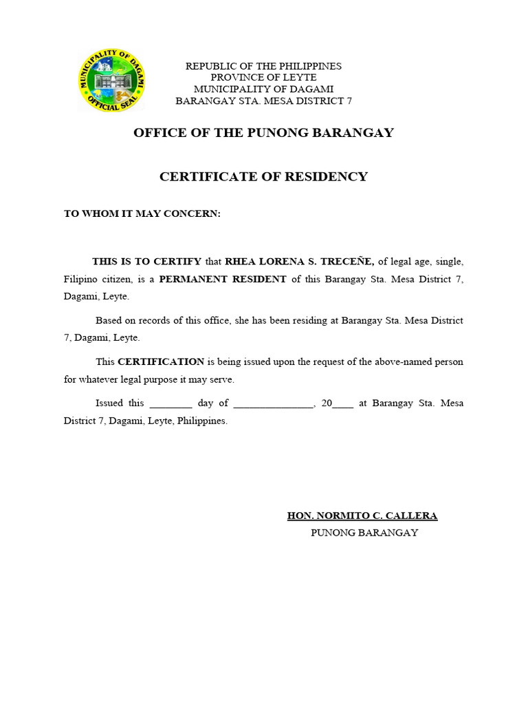 Certificate of Residency - Barangay Sta. Mesa | PDF