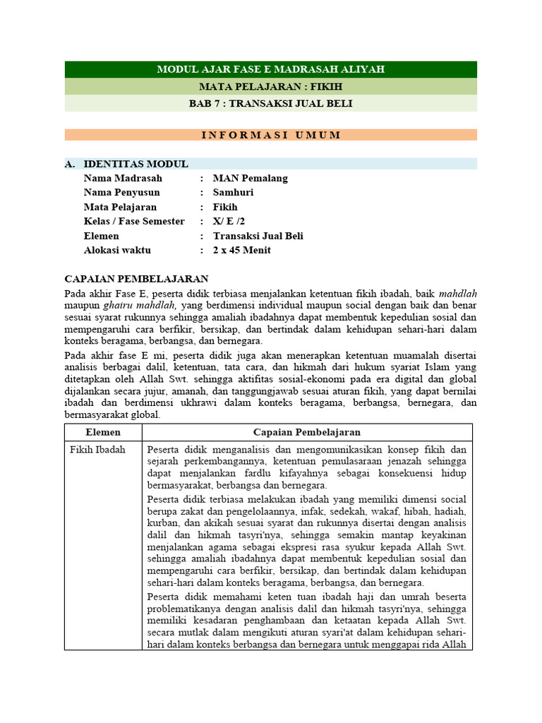Modul Fikih 10 Bab 7 - Transaksi Jual Beli | PDF