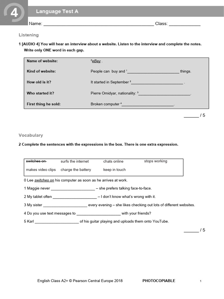 ECA2 - Tests - Language Test 4A - 2018 | PDF | Games & Activities ...