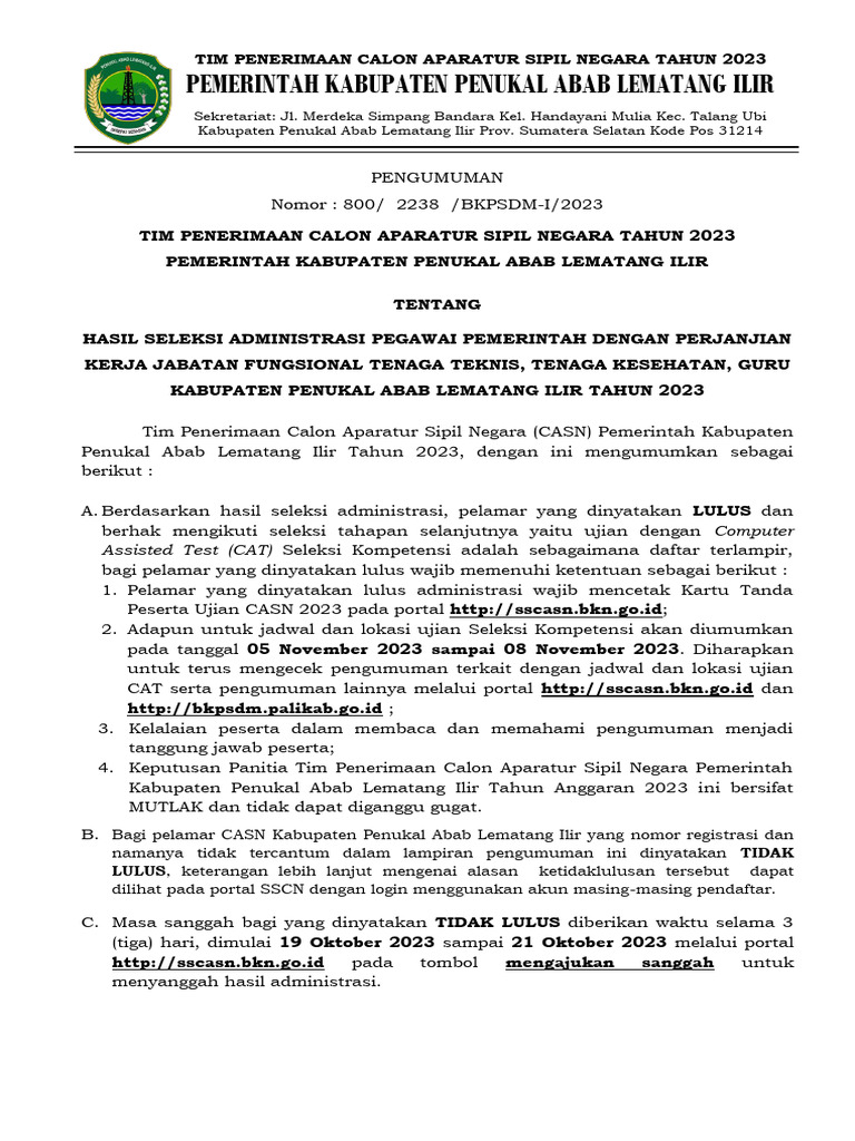 Pengumuman Pra Sanggah Seleksi Adm PPPK 2023 | PDF