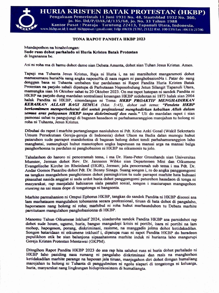 Tona Rapot Pandita HKBP 2023 | PDF