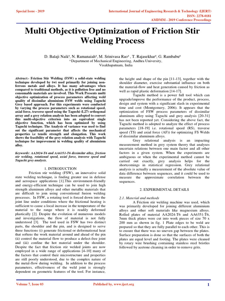Multi Objective Optimization of Friction Stir Welding Process IJERTCONV7IS03005 | PDF