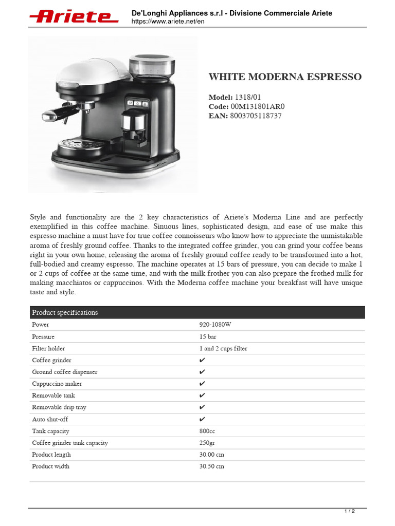 Ariete Moderna Espresso Machine 1318/01 | PDF