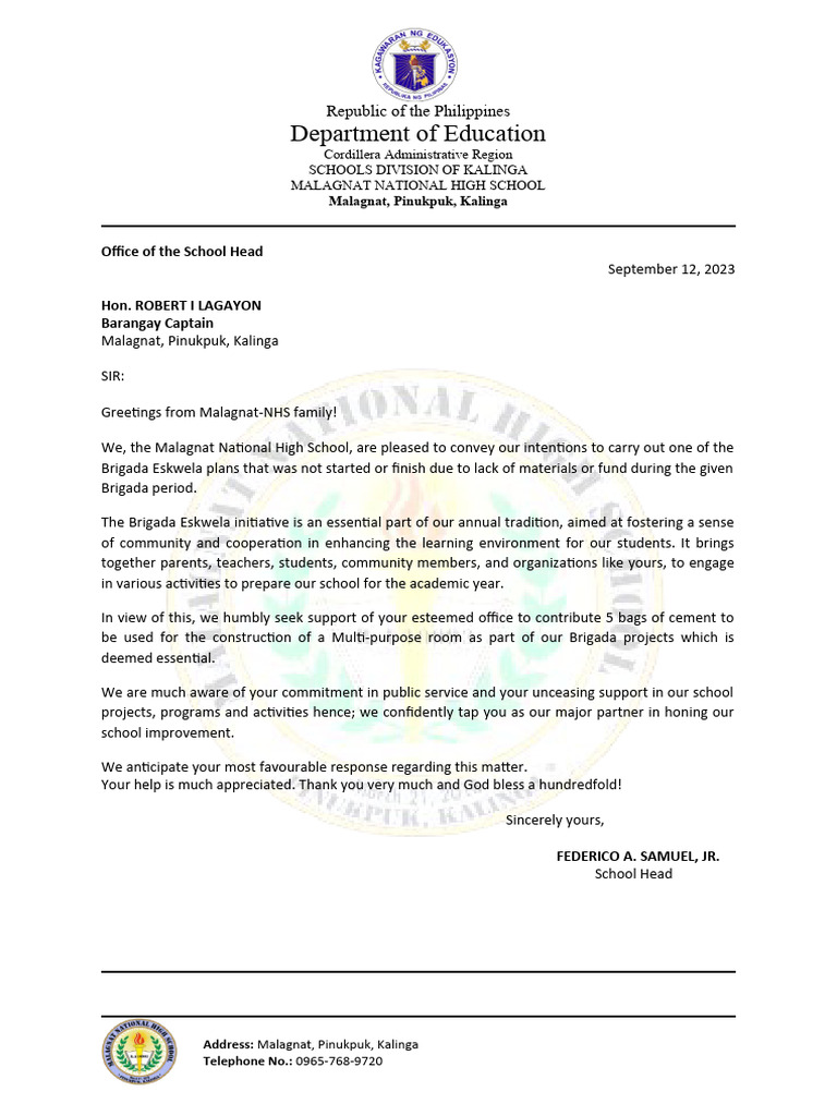 Brigada Eskwela Solicitation Letter | PDF