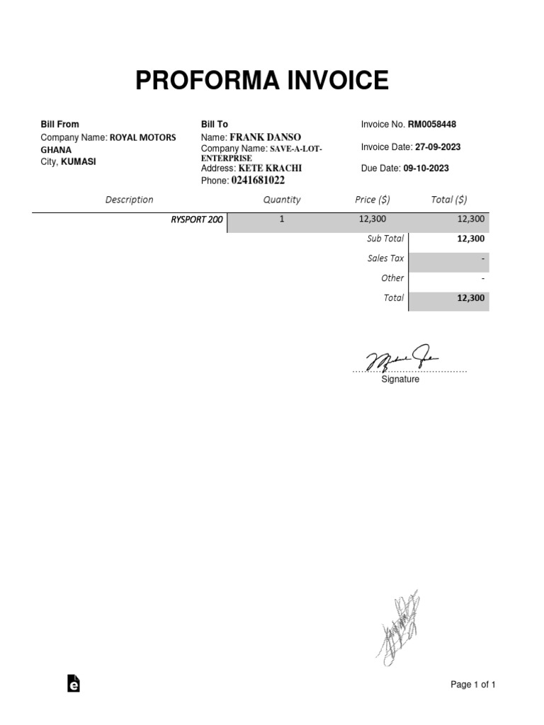 Royal Motors Proforma Invoice Sample | PDF