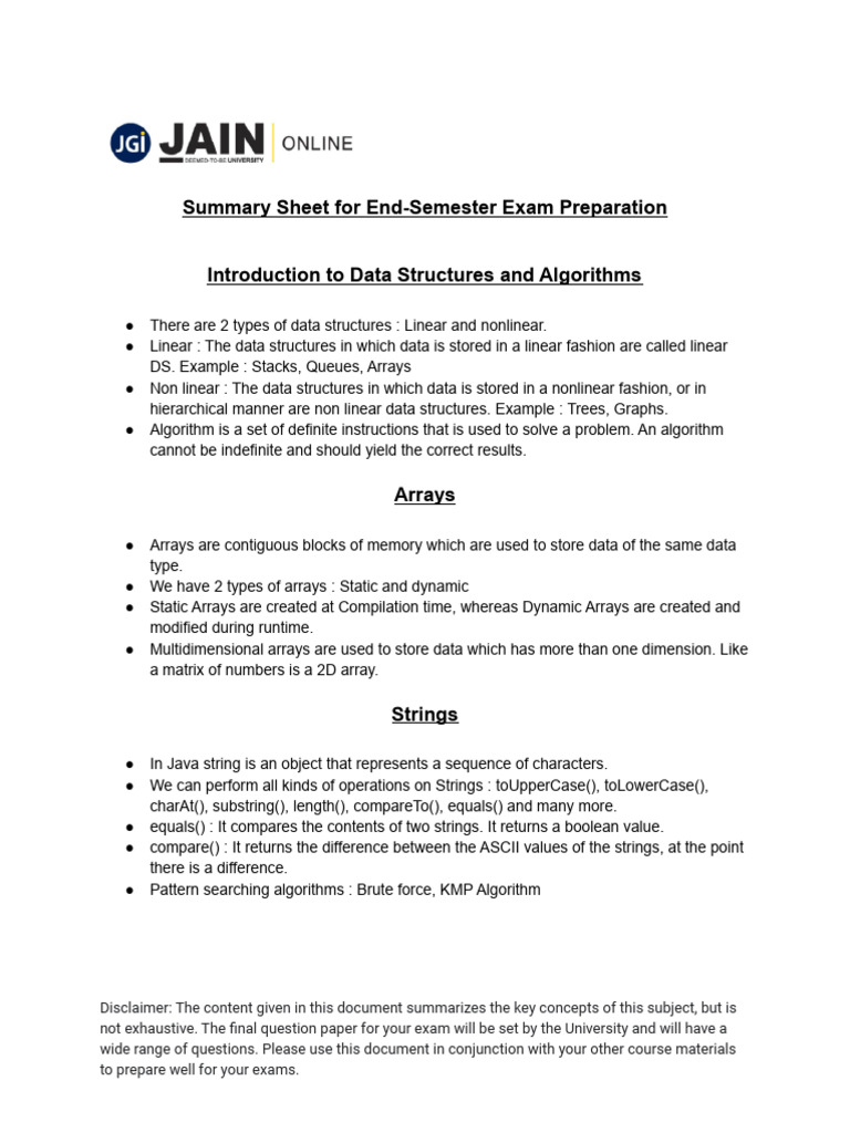 End Sem Prep - Course Summary - DSA | PDF | Queue (Abstract Data Type) | Computer Engineering