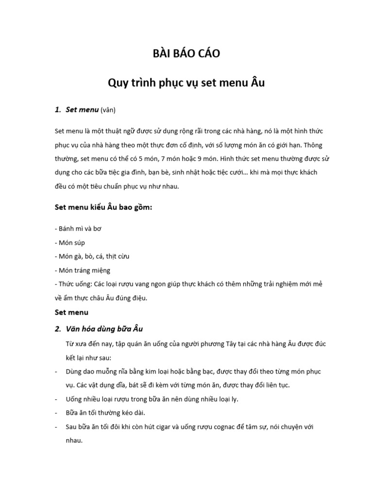 Quy Trình Phục Vụ Set Menu Âu | PDF