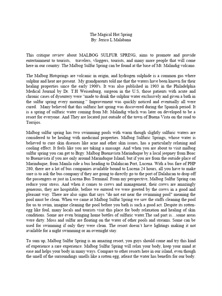 My Experience in Malbog Sulfur Hot Spring and Its Benefits | PDF