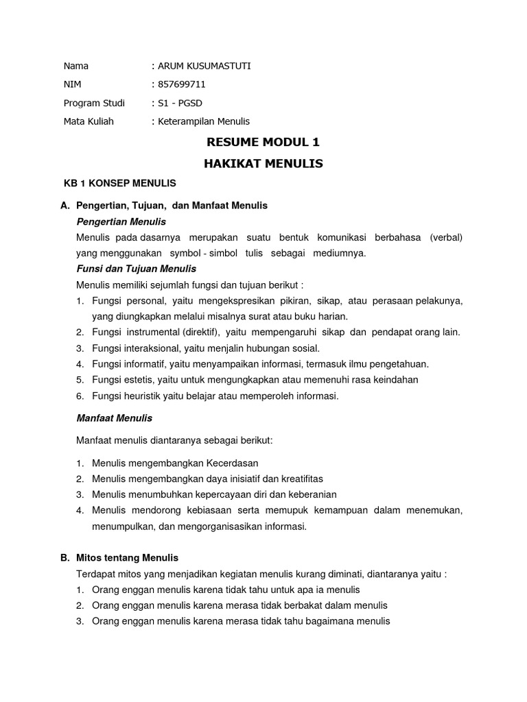 Arum Kusumastuti - 857699711 - Resume Ketrampilan Menulis Modul 1 | PDF