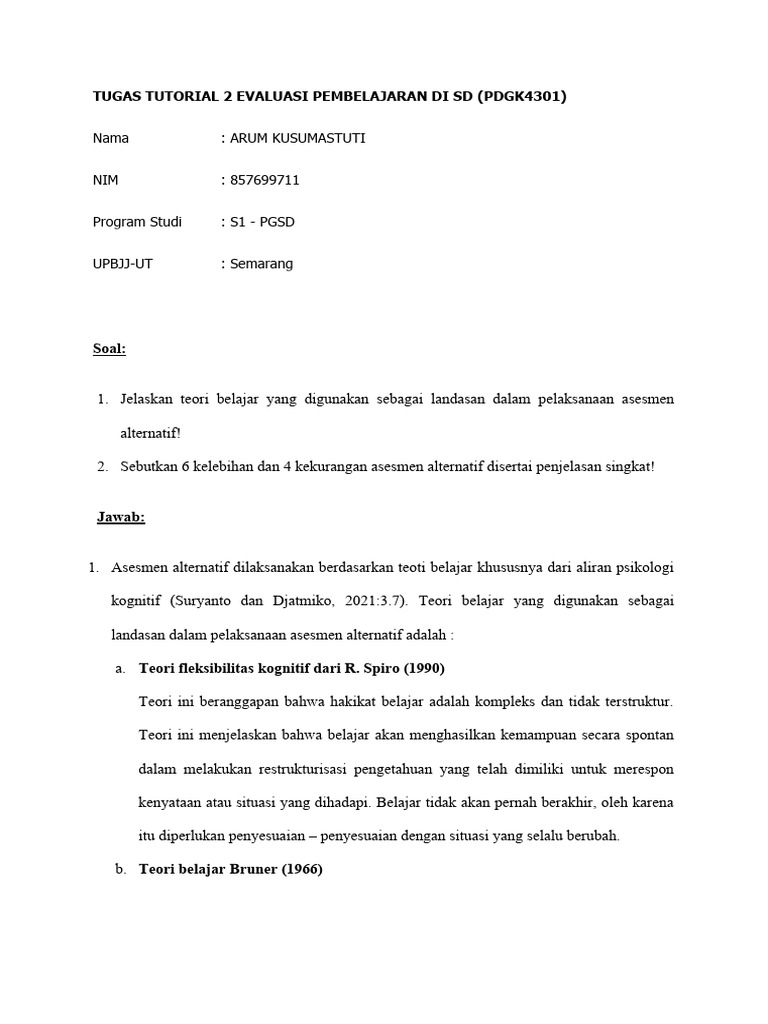 TT 2 - Evaluasi Pembelajaran Di SD - Arum - 857699711 | PDF | Karier & Perkembangan
